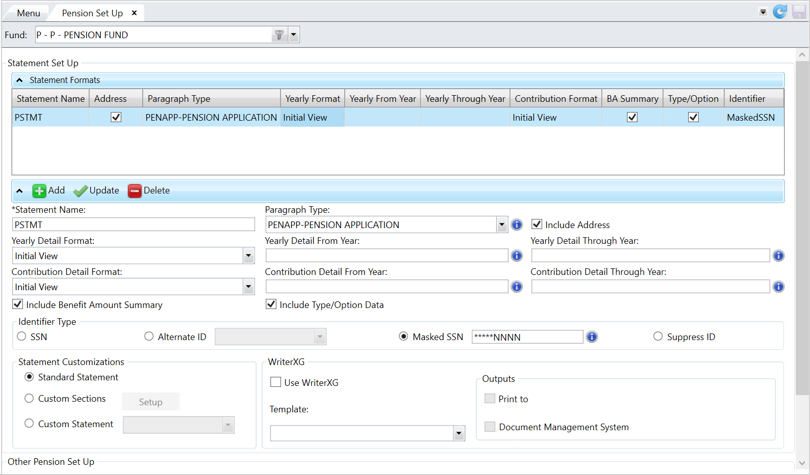 Configure pension statements and subtab options