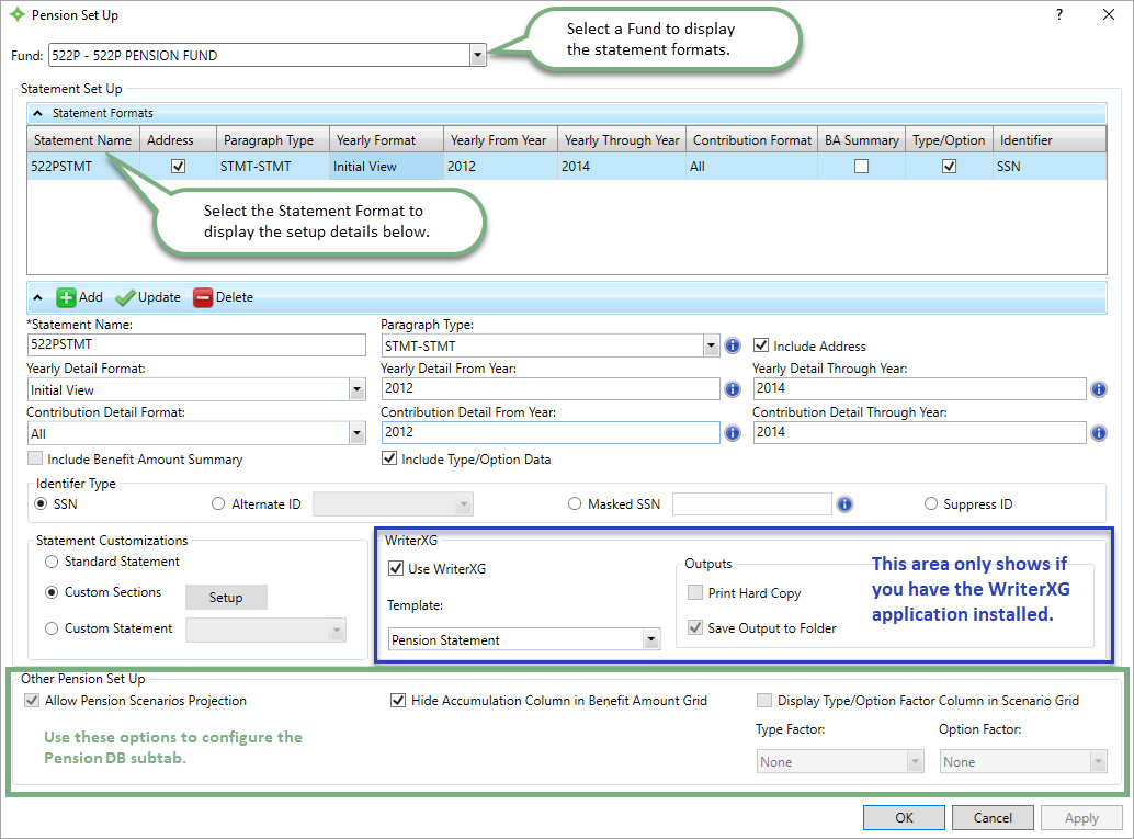Configure pension statements and subtab options